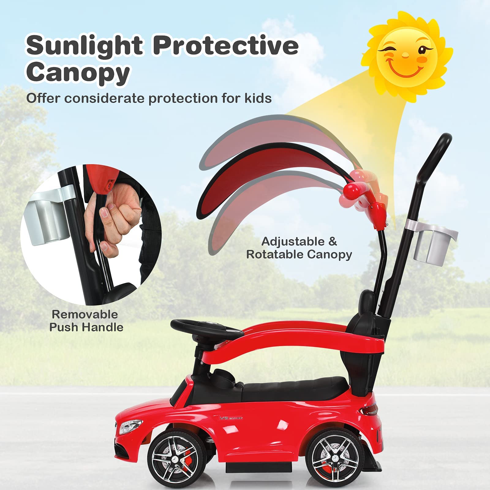 OLAKIDS 3-in-1 Kids Ride on Push Car, Licensed Mercedes Benz Toddlers Stroller with Removable Canopy Parents Handle Underneath Storage Cup Holder, Foot-to-Floor Walking Toy with Horn Music (Light Red)