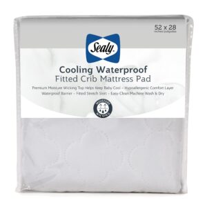 sealy baby cooling moisture wicking fitted waterproof baby crib mattress protector, crib mattress topper, crib mattress pad, toddler bed mattress protector, machine wash/dryer friendly 52”x 28”- white