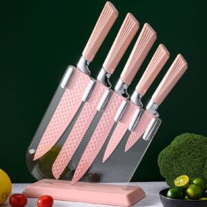 Kitchen Knife Set, Retrosohoo Pink 6PC Stainless Steel Sharp Chef Knife with Acrylic Stand, Diamond Knife Set with Block include Steak Knife, Bread Knife, Fruit Knife for Women Girls (Pink)