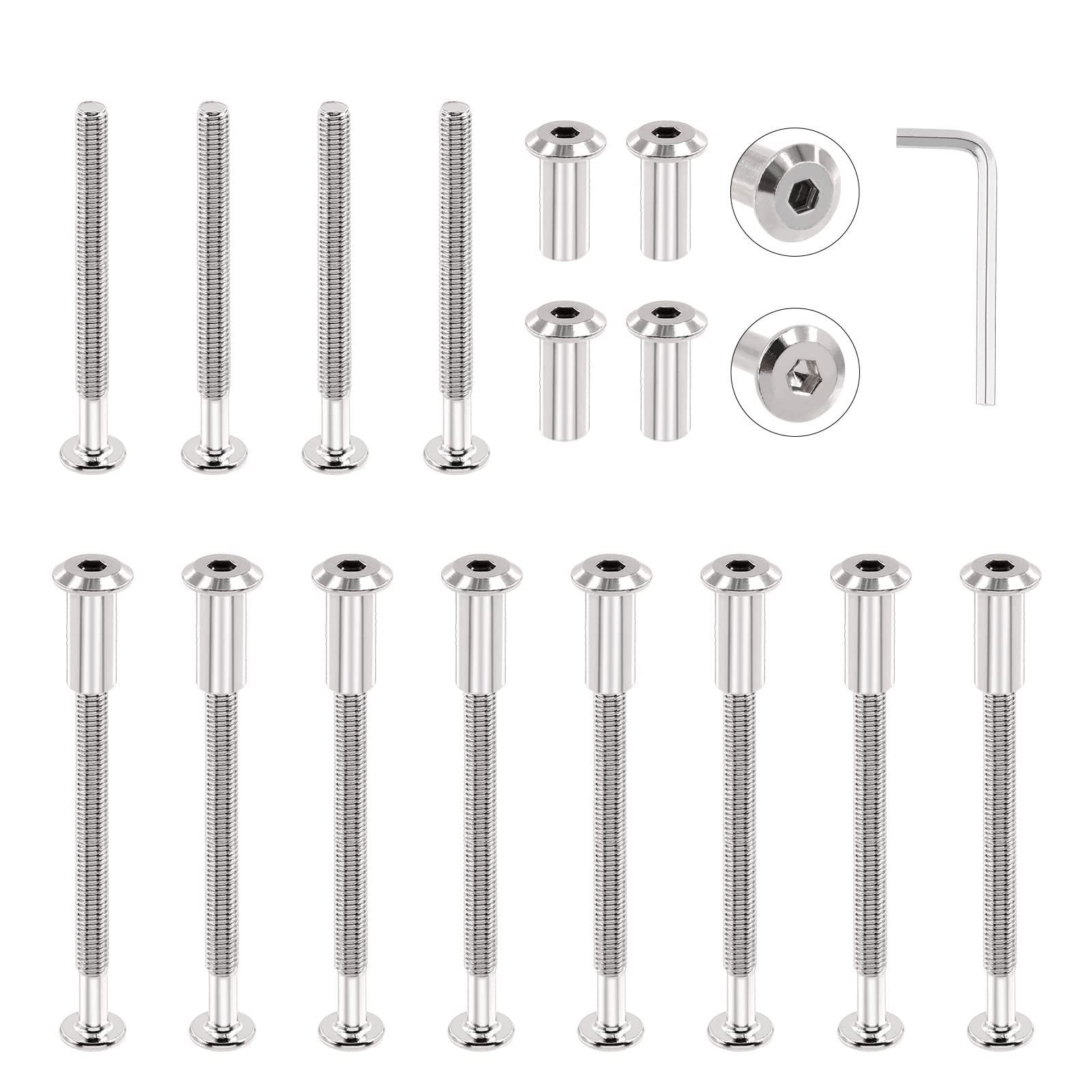 Mardatt 24 Pcs M6x55mm Silver Nickel Plated Hex Drive Socket Cap Bolts Assortment Kit with Hex Key Countersunk Screw Barrel Nuts Binding Screws for Crib Belt Buckle Cabinet Furniture Scrapbook