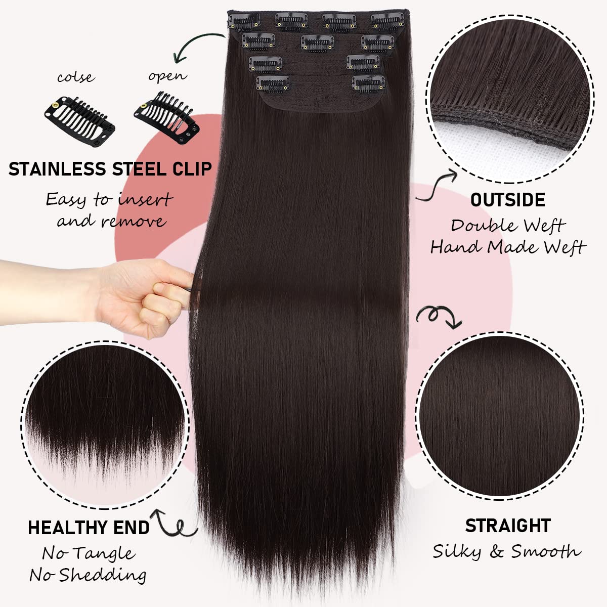 FnyPretty Straight Hair Extensions Long Dark Brown Clip in Hair Extensions for Women Fluffy and no Tangled