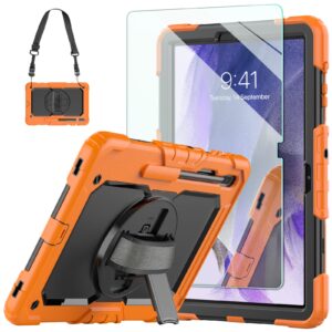 case for samsung galaxy tab s8 plus/s7 fe/s7+12.4 inch, with 9h tempered glass screen protector [upgraded military grade] ambison heavy duty shockproof cover with s-pen holder & strap (black)