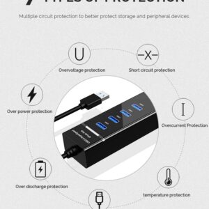 BUZOOLA USB 3.0 Data Hub with 4-Port Individual LED Lit Power Switches Portable USB Port Expander for Laptop and PC, Flash Drive,Mobile HDD,MacBook (Black)