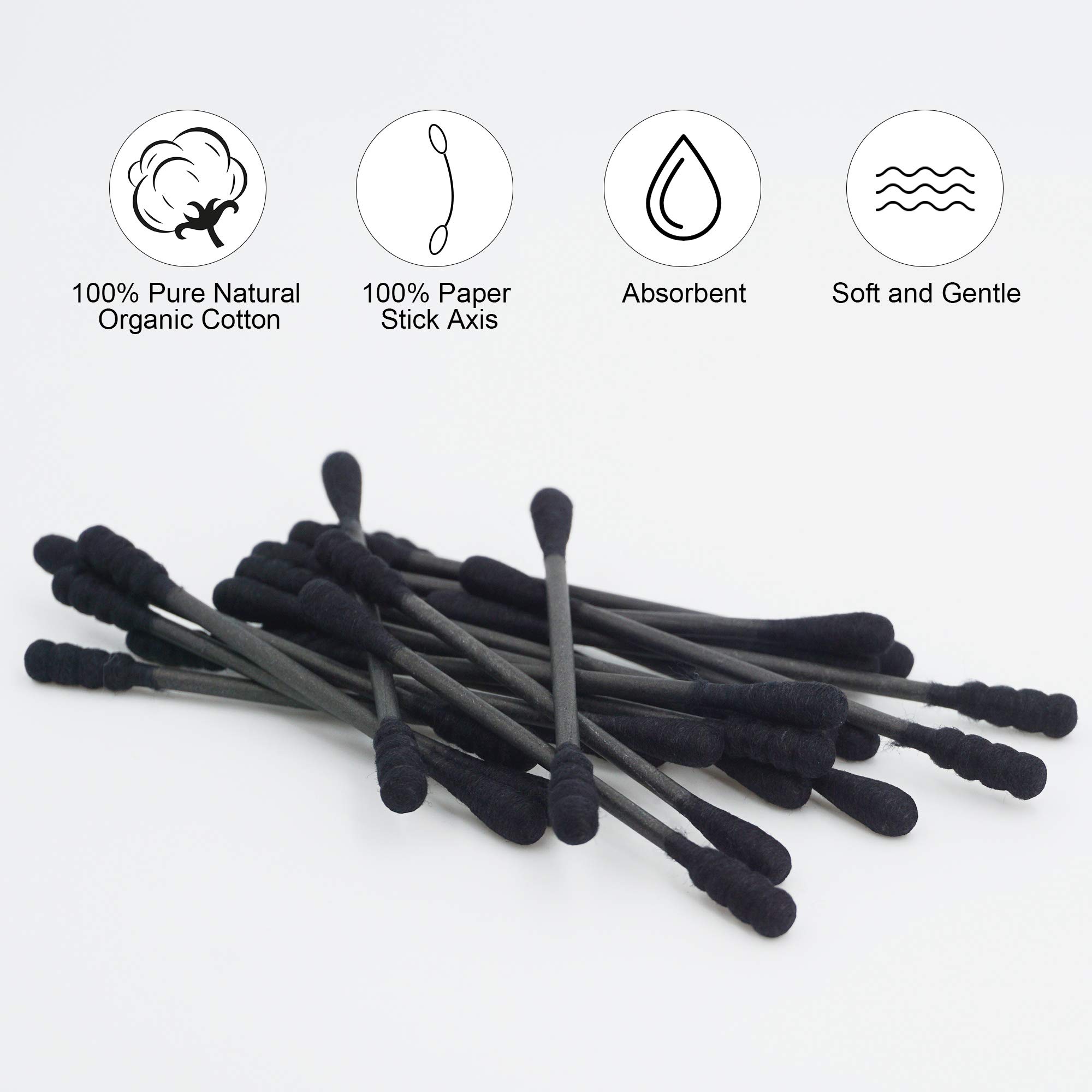 HOMEFOX Black Cotton Swabs Spiral - 400 Count Organic Cotton Buds Double Side Tightly Wrapped Charcoal Cotton Tips Paper Stick Soft Gentle Cruelty-Free Lint-Free Goth Bathroom, Round & Spiral (Black)