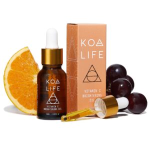 koa life facial oil and vitamin c serum - invigorating face oil formulated with vitamin e, rosehip, hemp, safflower, and grape seed oil, for skin brightening and hydration, 0.5 fl oz