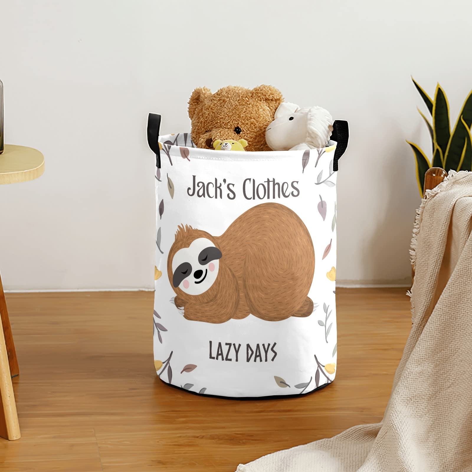 Grandkli Lazy Sloth Animal Personalized Freestanding Laundry Hamper, Custom Waterproof Collapsible Drawstring Basket Storage Bins with Handle for Clothes, Toy, 50cm x 36cm