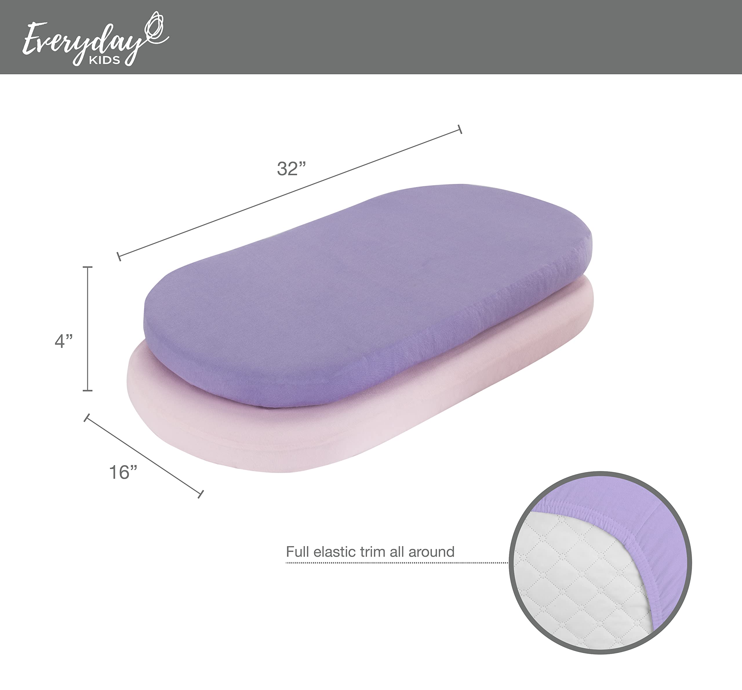 2-Pack Bassinet Sheets - 100% Cotton Jersey Knit Purple and Pink Bassinet Mattress Pad Fitted Sheets for Baby Girl; Compatible with Bassinet Bedside Co-Sleeper Lounger Brands; Oval Rectangle Mattress