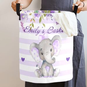 Grandkli Purple Elephant Floral Personalized Freestanding Laundry Hamper, Custom Waterproof Collapsible Drawstring Basket Storage Bins with Handle for Clothes, Toy, 50cm x 36cm