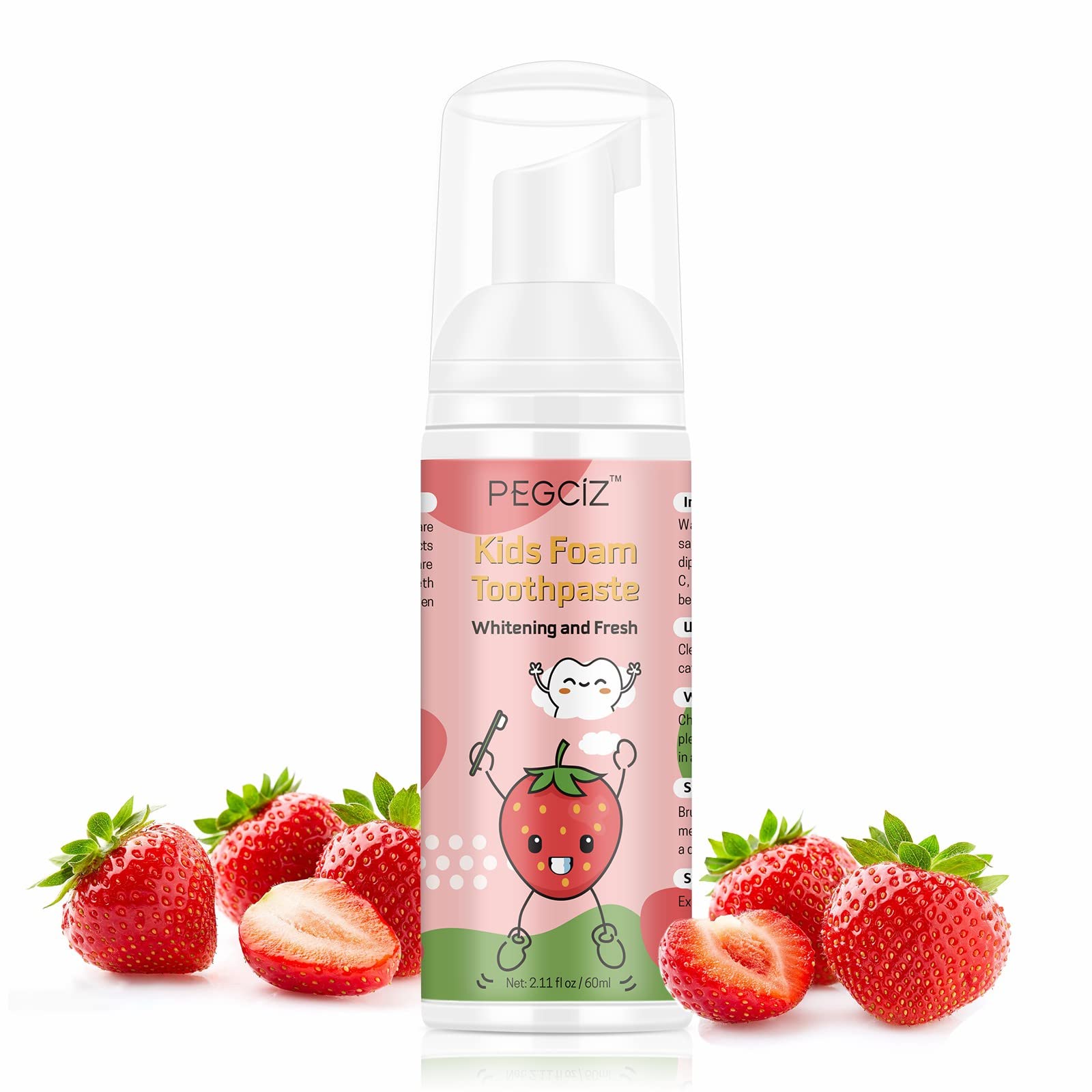 Foam Toothpaste Kids, Fluoride Free, Natural Formula Fruit Flavor Toothpaste, Toddler Toothpaste with Fruit Flavor for U Shaped Toothbrush Electric Toothbrush for Children Ages 3 Plus (Strawberry)