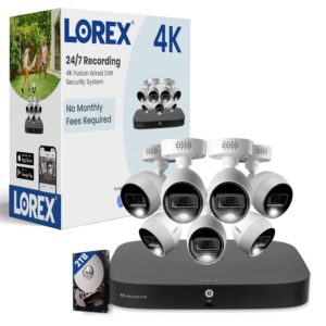 lorex fusion 4k security camera system with 2tb dvr – 8 channel analog home security system with 8 metal active deterrence cameras – motion detection, warning alarm, color night vision, weatherproof