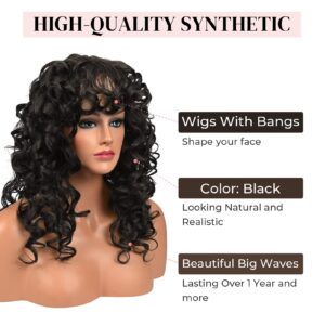 LONAI Curly Wig with Bangs for Black Women Long Black Kinky Wigs with Wispy Bangs WIG006 Curly Gorgeous Fringe Synthetic Wig for Daily Use Party Cosplay-Black