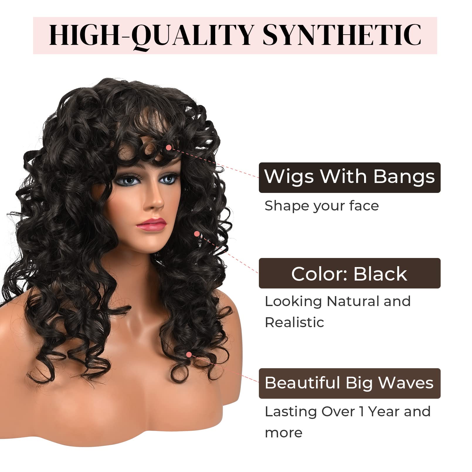 LONAI Curly Wig with Bangs for Black Women Long Black Kinky Wigs with Wispy Bangs WIG006 Curly Gorgeous Fringe Synthetic Wig for Daily Use Party Cosplay-Black