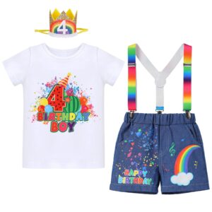 ibtom castle watermelon 1st 2nd 3rd 4th 5th birthday boy outfit for baby toddler cake smash melon bowtie jumpsuit +denim shorts+suspenders+crown photo shoot formal suit blue crown-4th birthday boy 4t