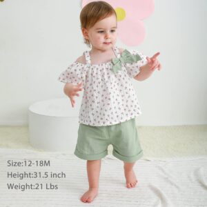 JEELLIGULAR Toddler Baby Girl Clothes Off Shoulder Loose Floral Top Shirt Solid Casual Shorts Set Cute Summer Outfits (Green Flower, 12-18 Months)