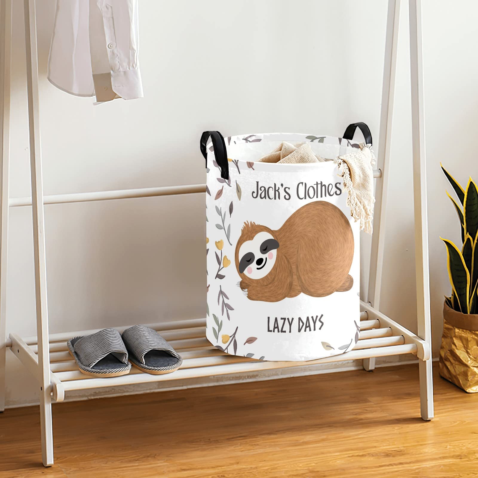 Grandkli Lazy Sloth Animal Personalized Freestanding Laundry Hamper, Custom Waterproof Collapsible Drawstring Basket Storage Bins with Handle for Clothes, Toy, 50cm x 36cm