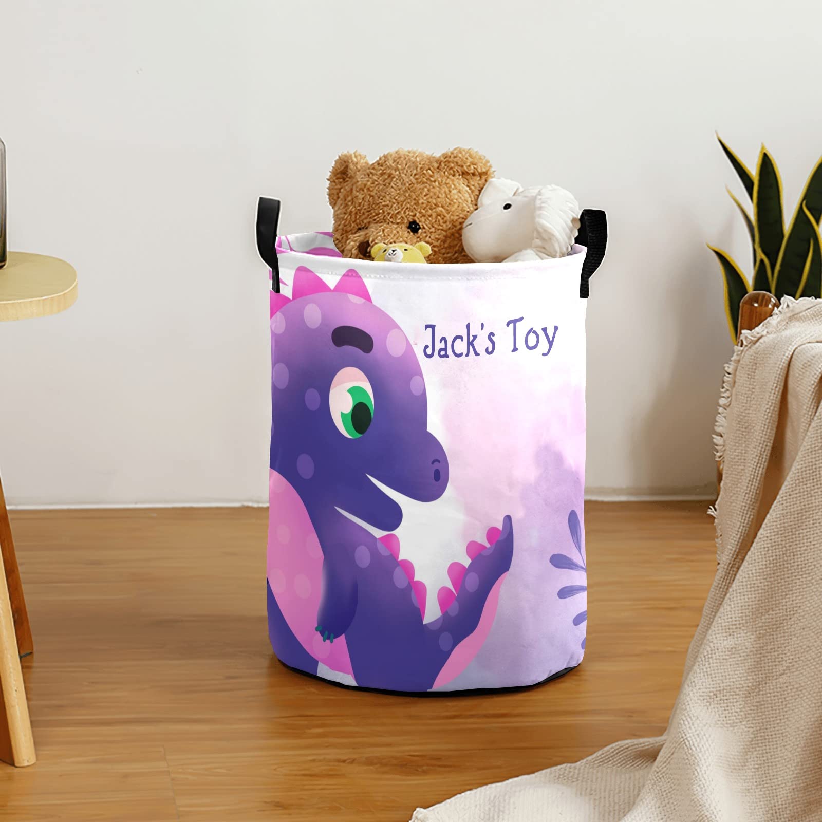 Dinosaur Personalized Freestanding Laundry Hamper, Custom Waterproof Collapsible Drawstring Basket Storage Bins with Handle for Clothes