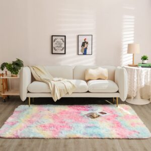 meeting story tie dye area rugs rainbow ombre shaggy rugs soft and fuzzy for girls bedroom living room toddlers baby and pet play space (pink, 3 * 5 feet)