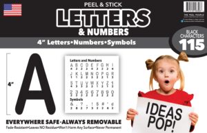 the peel people peel and stick letters and numbers - acid-free, non-toxic, use indoors or outdoors, made in the usa, 115 4-inch stickers included, solid black