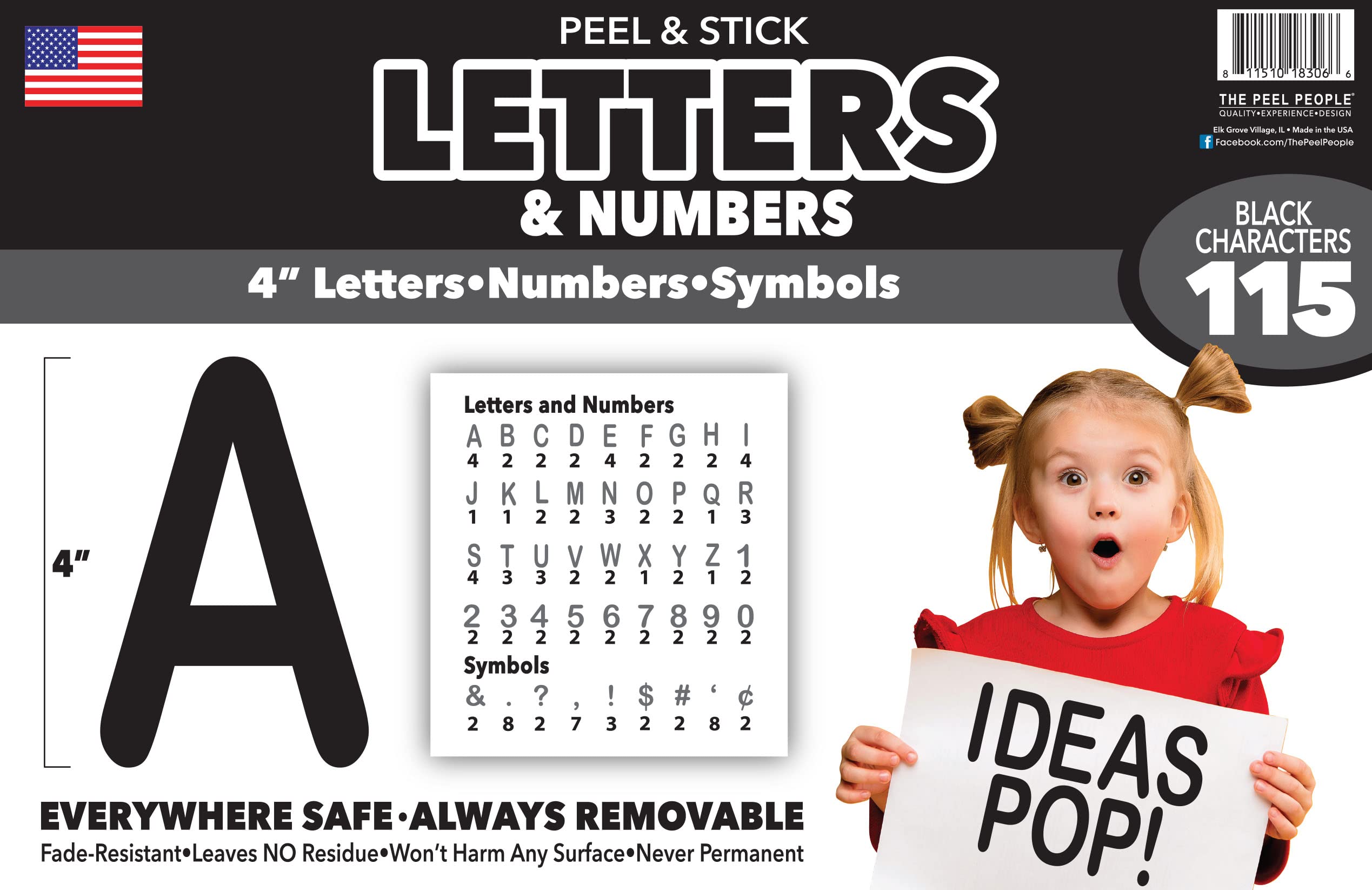 The Peel People Peel and Stick Letters and Numbers - Acid-Free, Non-Toxic, Use Indoors or Outdoors, Made in The USA, 115 4-Inch Stickers Included, Solid Black