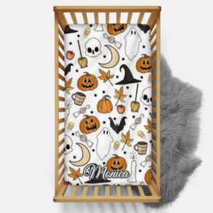 halloween pumpkin ghost witch custom name crib sheet, fitted crib sheet, crib fitted sheet, cot bed sheet, girl/ boy crib sheet, mini crib sheet, personalized newborn gift