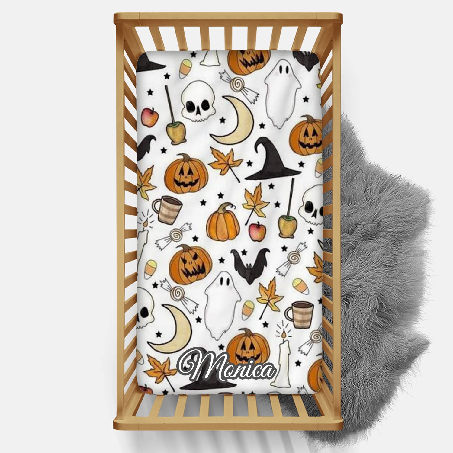 Halloween Pumpkin Ghost Witch Custom Name Crib Sheet, Fitted Crib Sheet, Crib Fitted Sheet, Cot Bed Sheet, Girl/ Boy Crib Sheet, Mini Crib Sheet, Personalized Newborn Gift