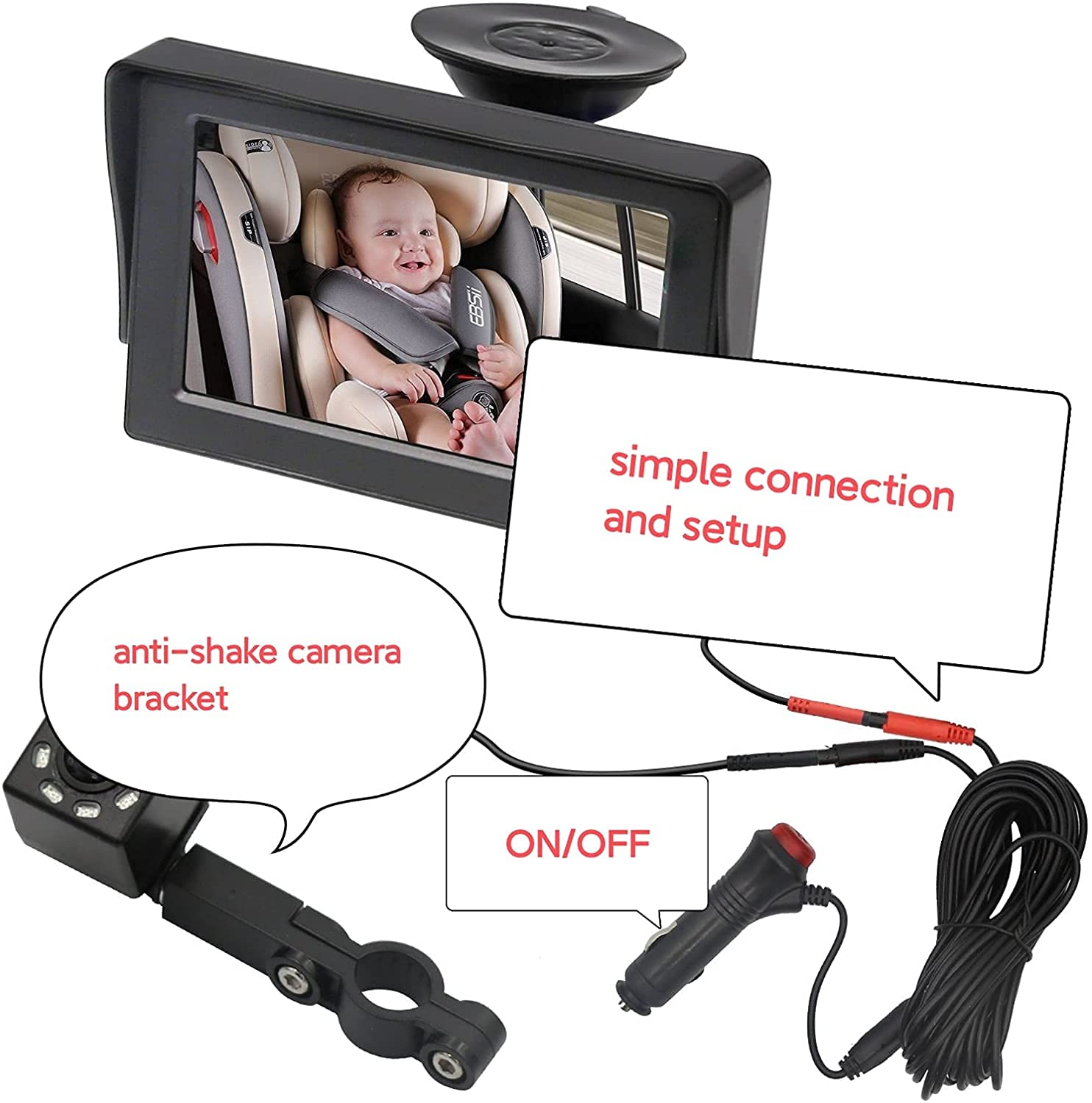 Baby Car Mirror, Car Baby Monitor with Camera, 4.3 inch Night Vision Monitor Anti-Shake Camera 360°Adjustable Easy Observe and Install, Baby Car Camera for Back Seat Rear Facing View Infant