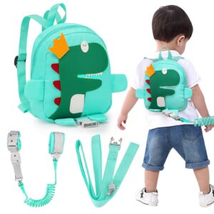 accmor toddler harness backpack leash, 4 in 1 kid dinosaur backpacks with anti lost wrist link, child cute daycare bags with rope tether keep boys girls walking close(green)