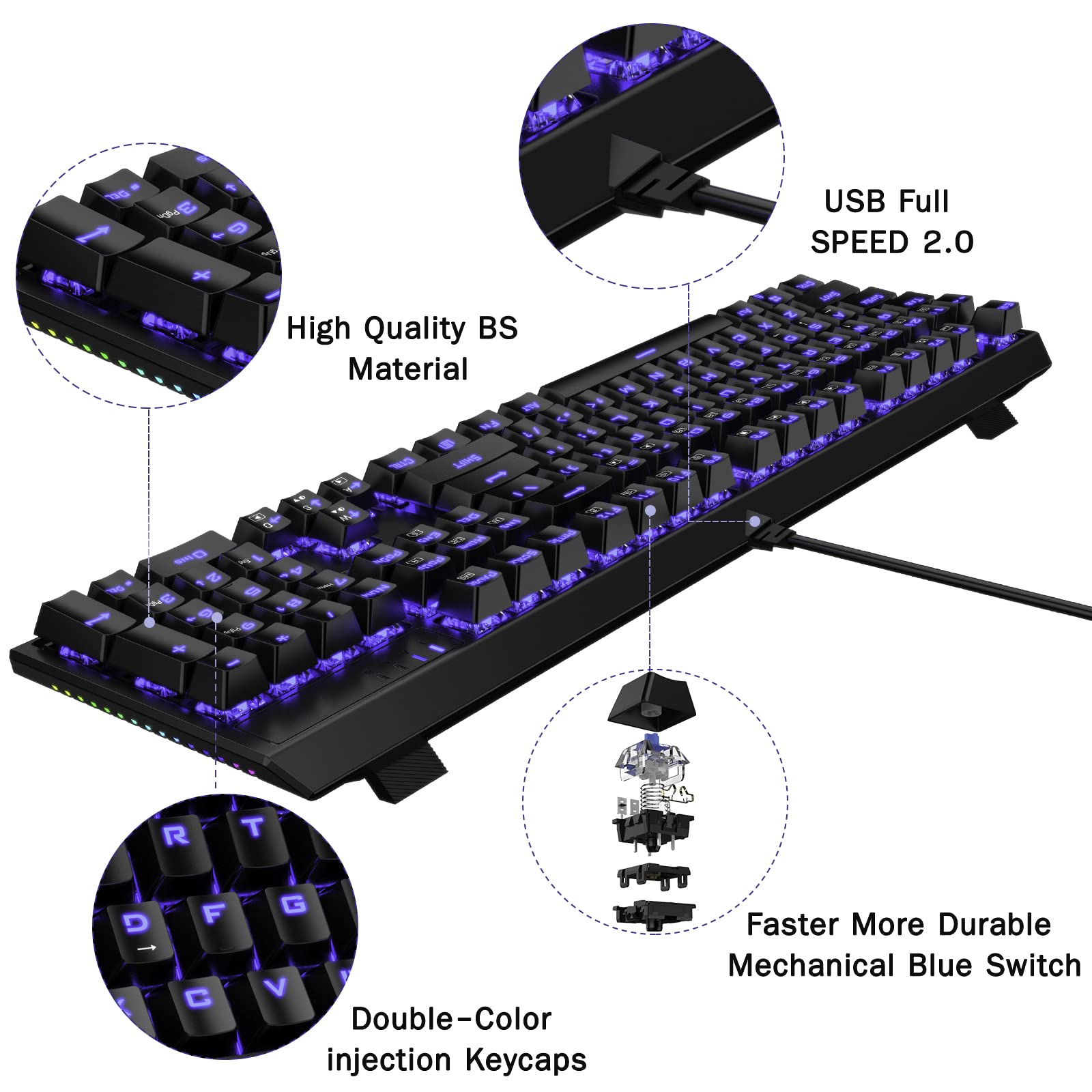 GOFREETECH Mechanical Gaming Keyboard, Blue LED Backlit RGB Wired USB Keyboard with Switch, Spill Resistant, Ergonomic 104 Keys Mechanical Keyboard for PC Laptop Computer (Black)