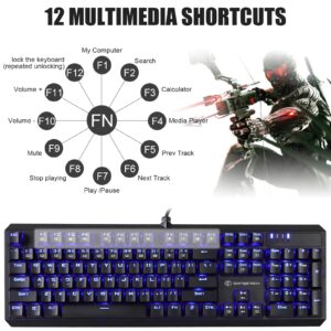 GOFREETECH Mechanical Gaming Keyboard, Blue LED Backlit RGB Wired USB Keyboard with Switch, Spill Resistant, Ergonomic 104 Keys Mechanical Keyboard for PC Laptop Computer (Black)