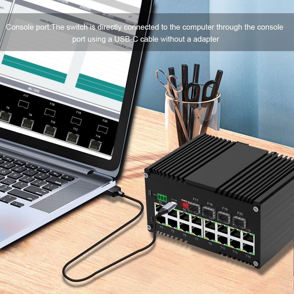 Industrial Gigabit Managed Switch - 16 Ports 10/100/1000Mbps Web Management DIN Rail Ethernet Switch with 4 SFP Slots, Network Switch Support Ring Network, VLAN, STP, LACP, QOS