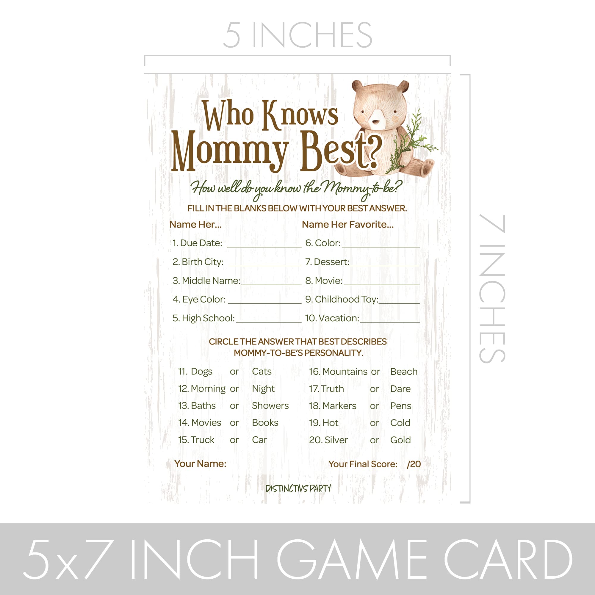 DISTINCTIVS Woodland Bear Baby Shower Who Knows Mommy Best Game Cards - 20 Count