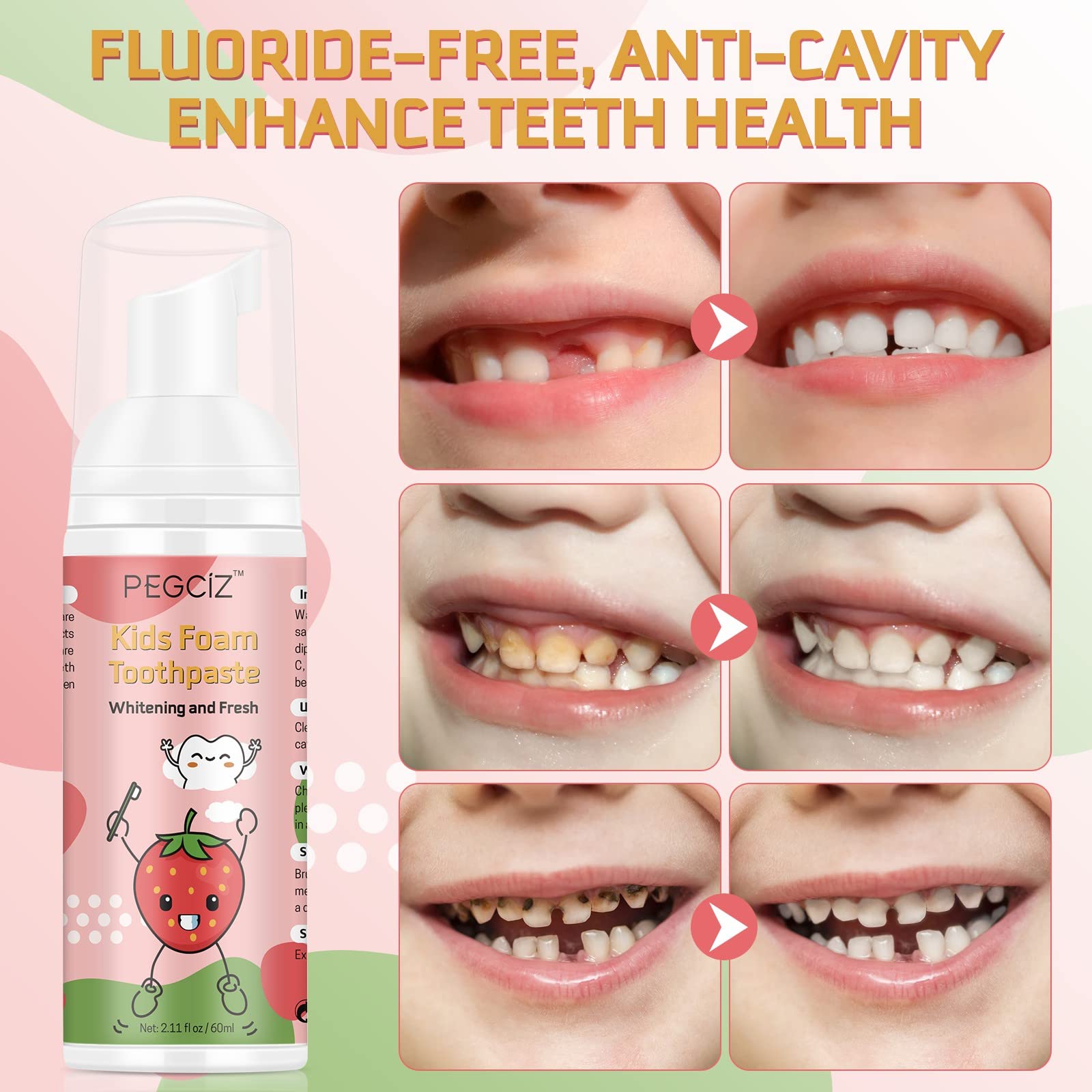 Foam Toothpaste Kids, Fluoride Free, Natural Formula Fruit Flavor Toothpaste, Toddler Toothpaste with Fruit Flavor for U Shaped Toothbrush Electric Toothbrush for Children Ages 3 Plus (Strawberry)