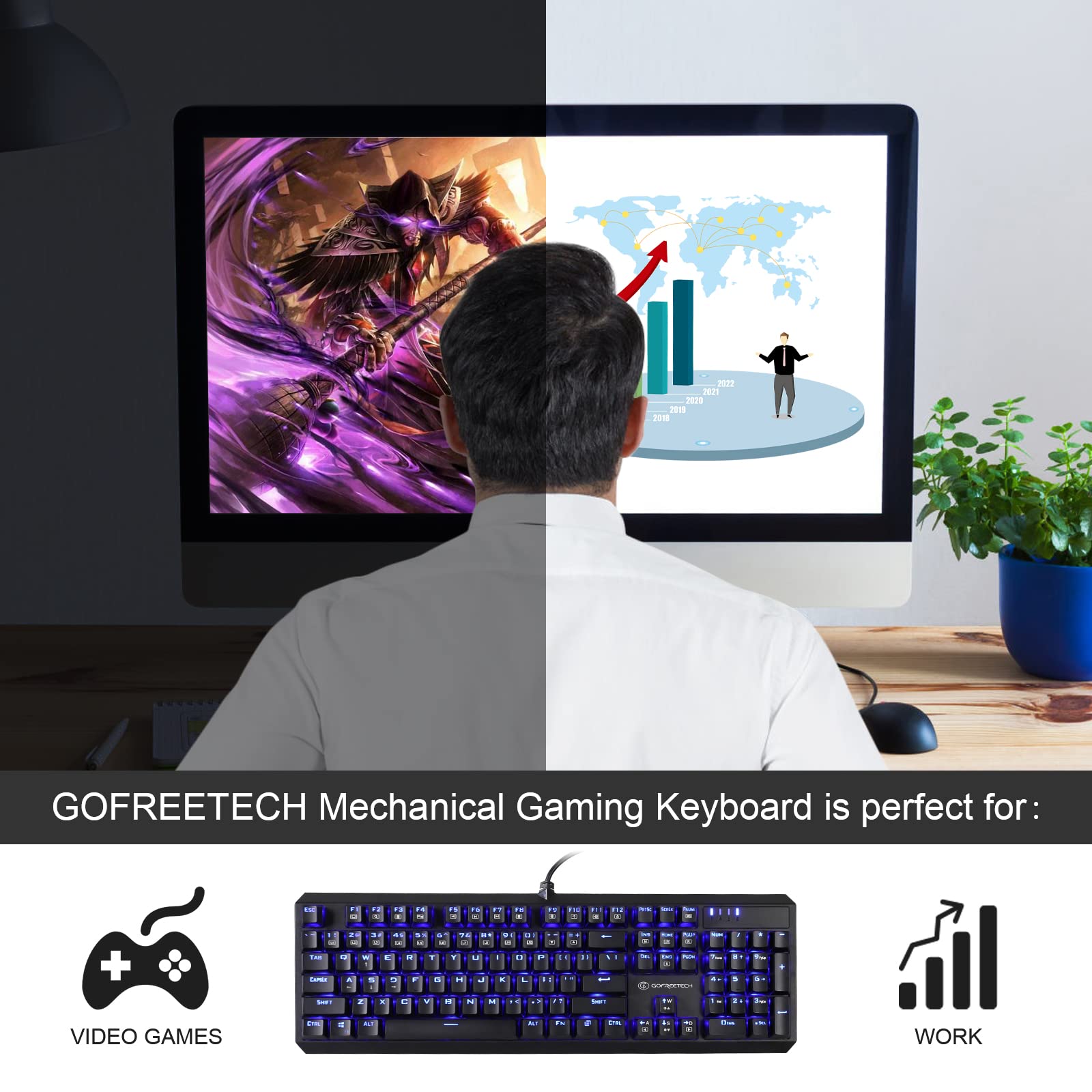 GOFREETECH Mechanical Gaming Keyboard, Blue LED Backlit RGB Wired USB Keyboard with Switch, Spill Resistant, Ergonomic 104 Keys Mechanical Keyboard for PC Laptop Computer (Black)