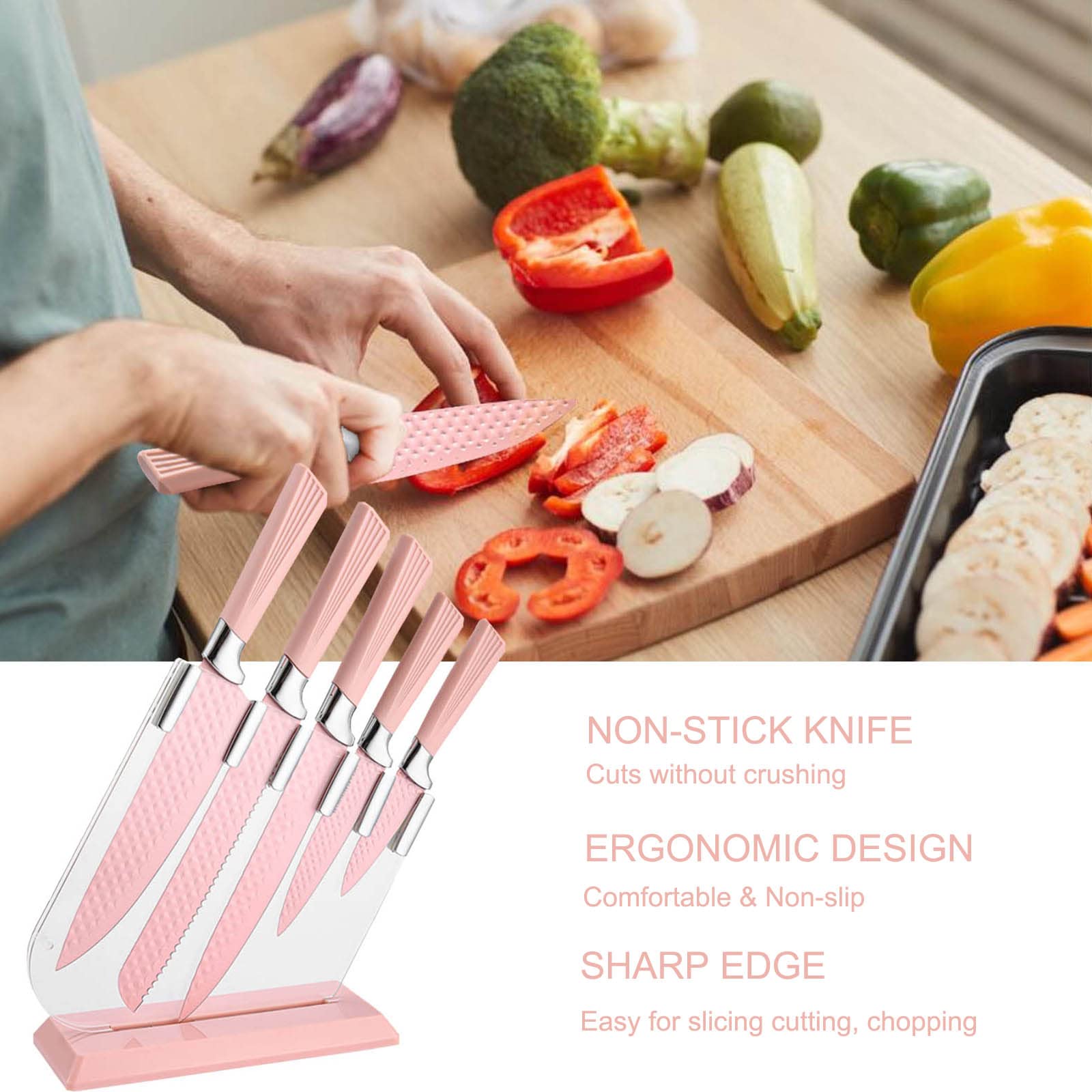 Kitchen Knife Set, Retrosohoo Pink 6PC Stainless Steel Sharp Chef Knife with Acrylic Stand, Diamond Knife Set with Block include Steak Knife, Bread Knife, Fruit Knife for Women Girls (Pink)