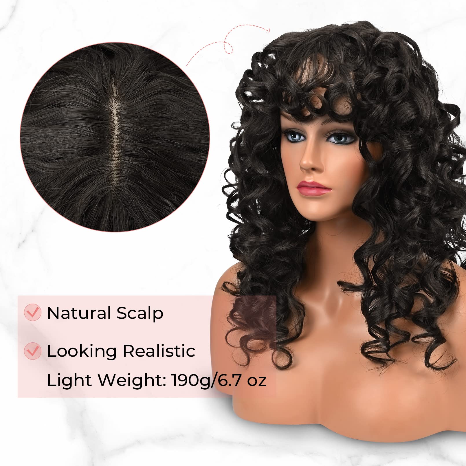 LONAI Curly Wig with Bangs for Black Women Long Black Kinky Wigs with Wispy Bangs WIG006 Curly Gorgeous Fringe Synthetic Wig for Daily Use Party Cosplay-Black