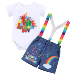 imekis watermelon 1st birthday outfit baby boy cake smash romper blue denim bloomers jeans shorts rainbow suspenders photoshoot toddler summer melon first birthday glow party supplies one 1 year