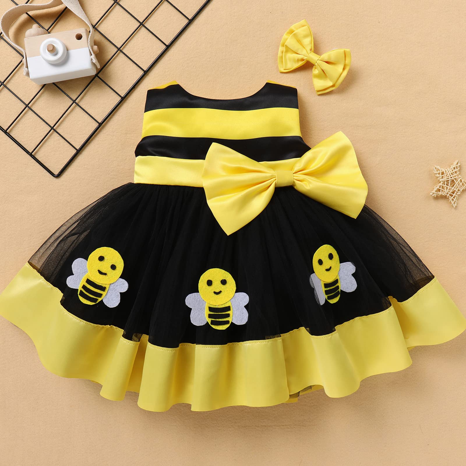 Newborn Toddler Baby Girl Princess Dress Cake Smash Birthday Tutu Dress+Headband Outfits Halloween Christmas Baptism Party Clothes Set for Cake Smash Photo Shoot Yellow-Bee 12-18 Months