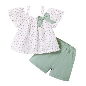 jeelligular toddler baby girl clothes off shoulder loose floral top shirt solid casual shorts set cute summer outfits (green flower, 12-18 months)