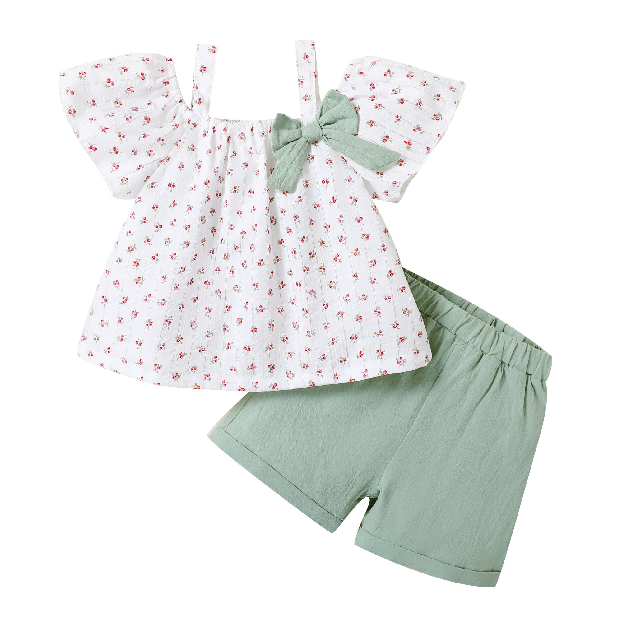 JEELLIGULAR Toddler Baby Girl Clothes Off Shoulder Loose Floral Top Shirt Solid Casual Shorts Set Cute Summer Outfits (Green Flower, 12-18 Months)