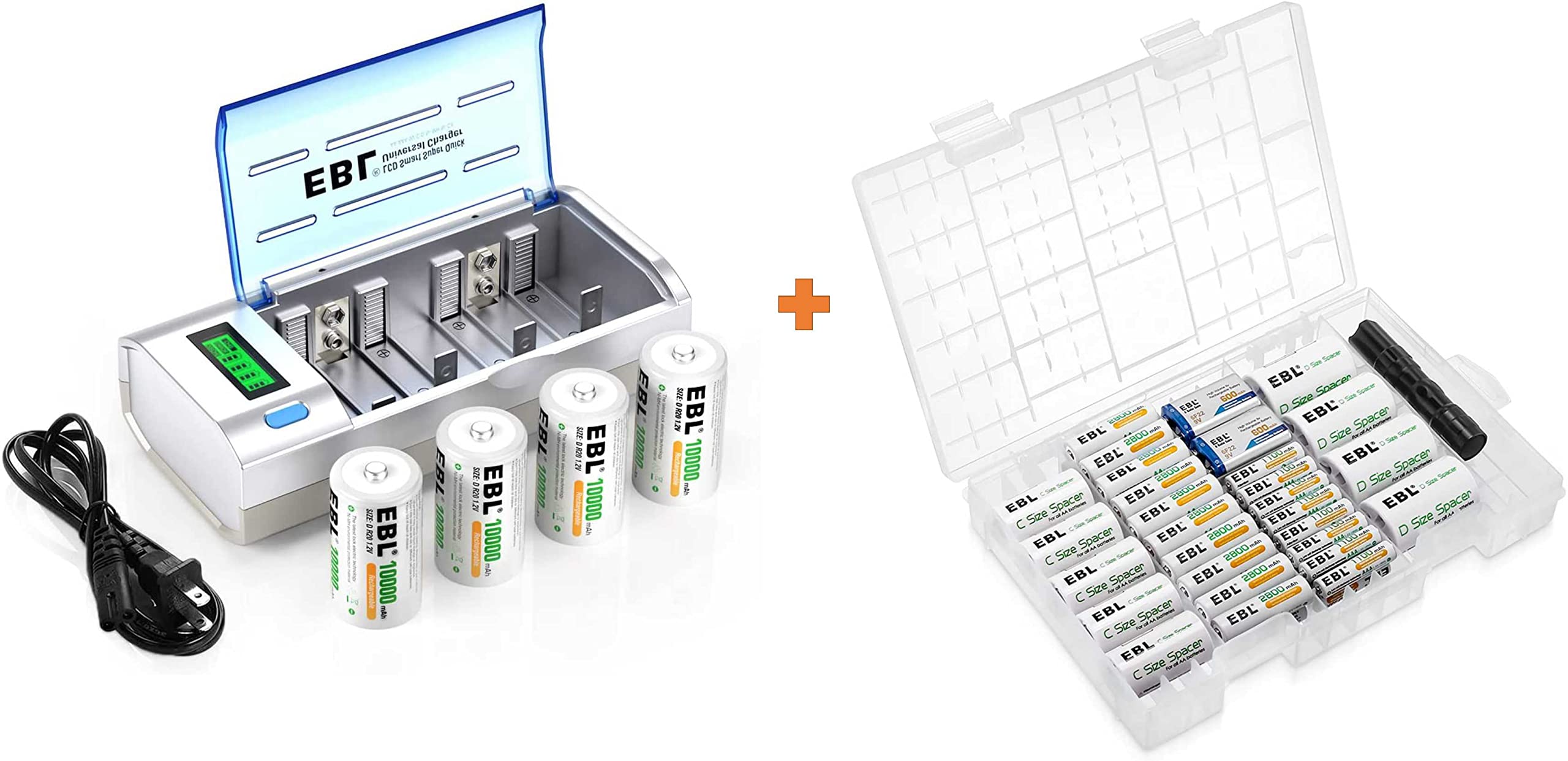 EBL Rechargeable Batteries Kit with C D 9V AA AAA Battery Charger and 10000mAh D Rechargeable Batteries