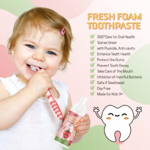 Foam Toothpaste Kids, Fluoride Free, Natural Formula Fruit Flavor Toothpaste, Toddler Toothpaste with Fruit Flavor for U Shaped Toothbrush Electric Toothbrush for Children Ages 3 Plus (Strawberry)