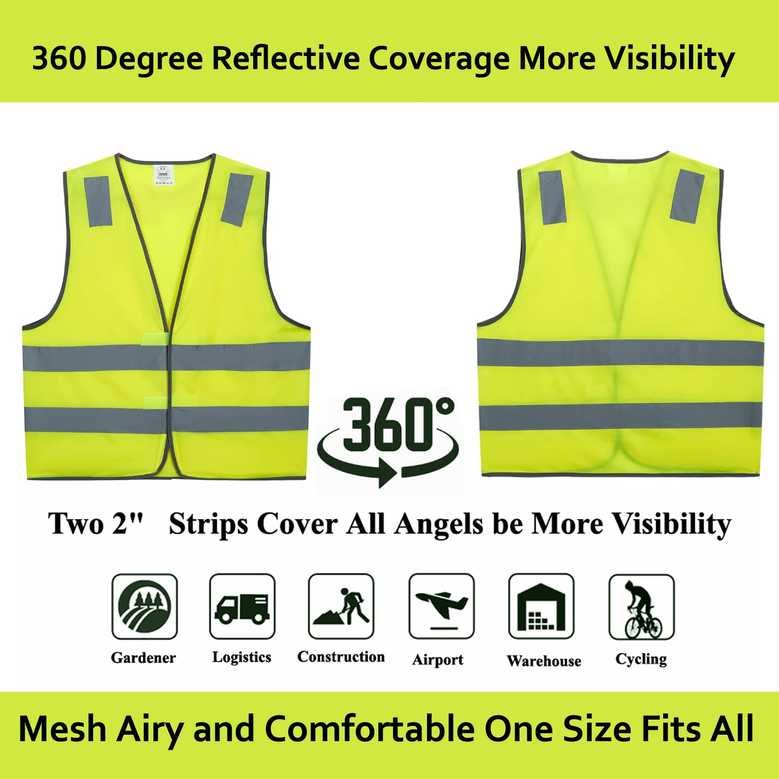 Lavori-AK Yellow Safety Vests 5 Pack- ANSI Class 2,Yellow Reflective High Visibility Construction Work Vests for Men,Woman,Hi Vis Mesh and Neon Silver Strip