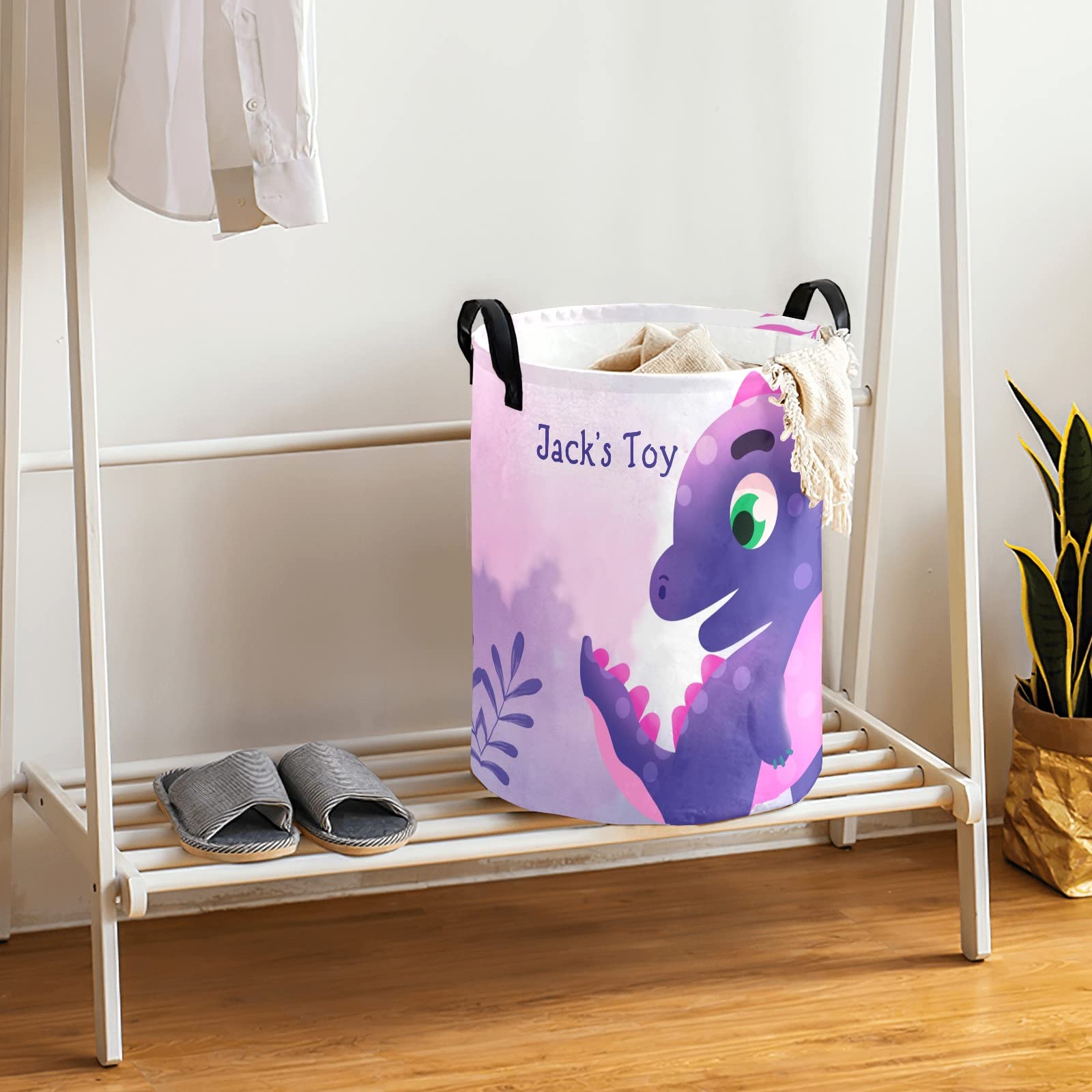 Dinosaur Personalized Freestanding Laundry Hamper, Custom Waterproof Collapsible Drawstring Basket Storage Bins with Handle for Clothes