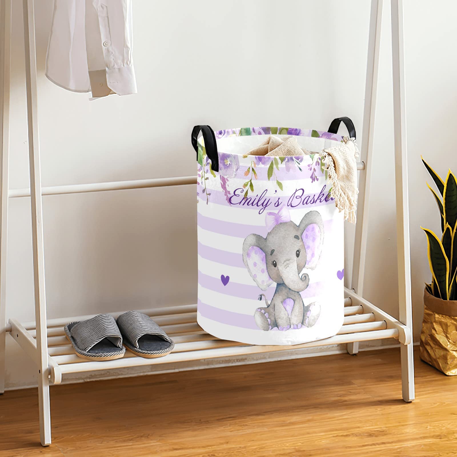 Grandkli Purple Elephant Floral Personalized Freestanding Laundry Hamper, Custom Waterproof Collapsible Drawstring Basket Storage Bins with Handle for Clothes, Toy, 50cm x 36cm