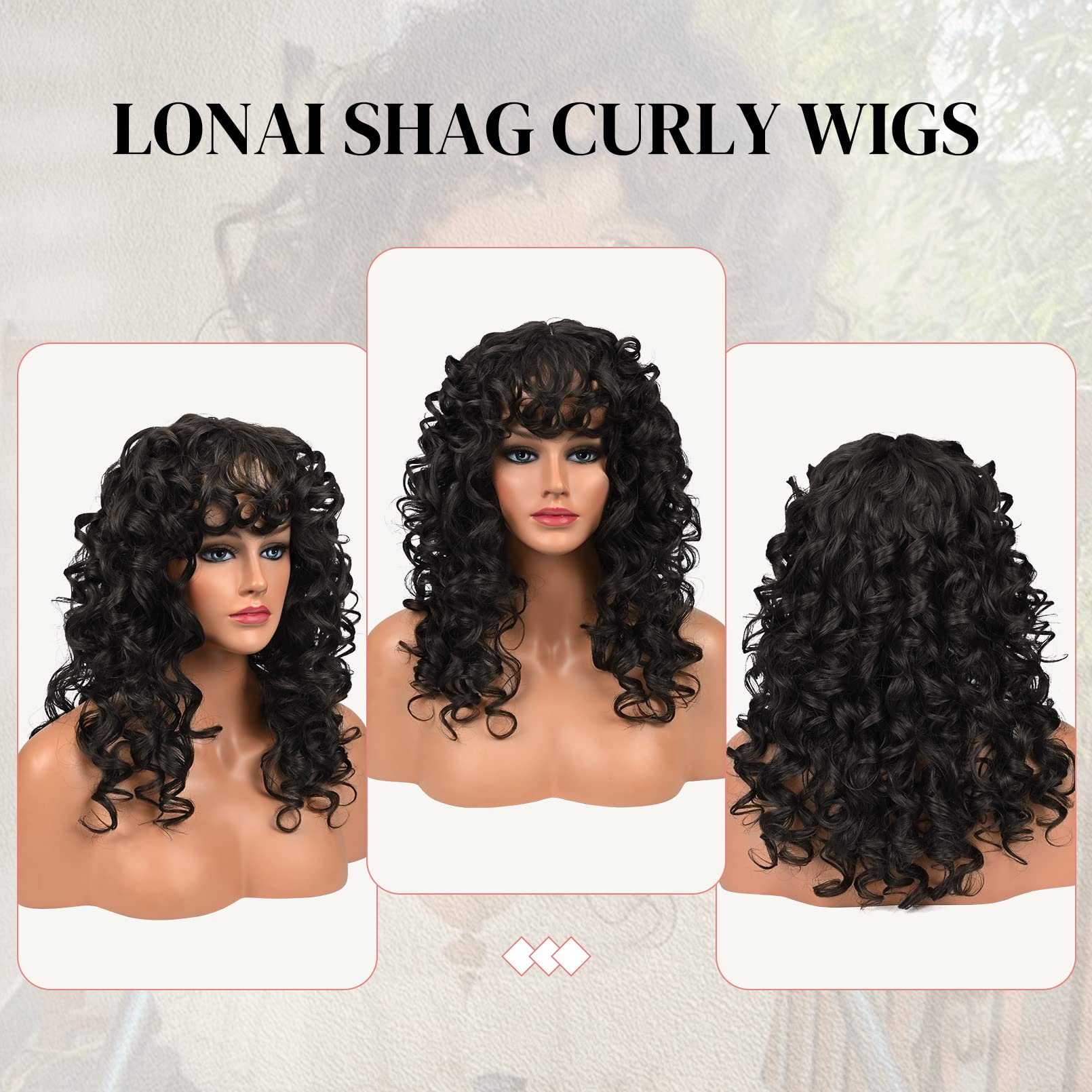 LONAI Curly Wig with Bangs for Black Women Long Black Kinky Wigs with Wispy Bangs WIG006 Curly Gorgeous Fringe Synthetic Wig for Daily Use Party Cosplay-Black