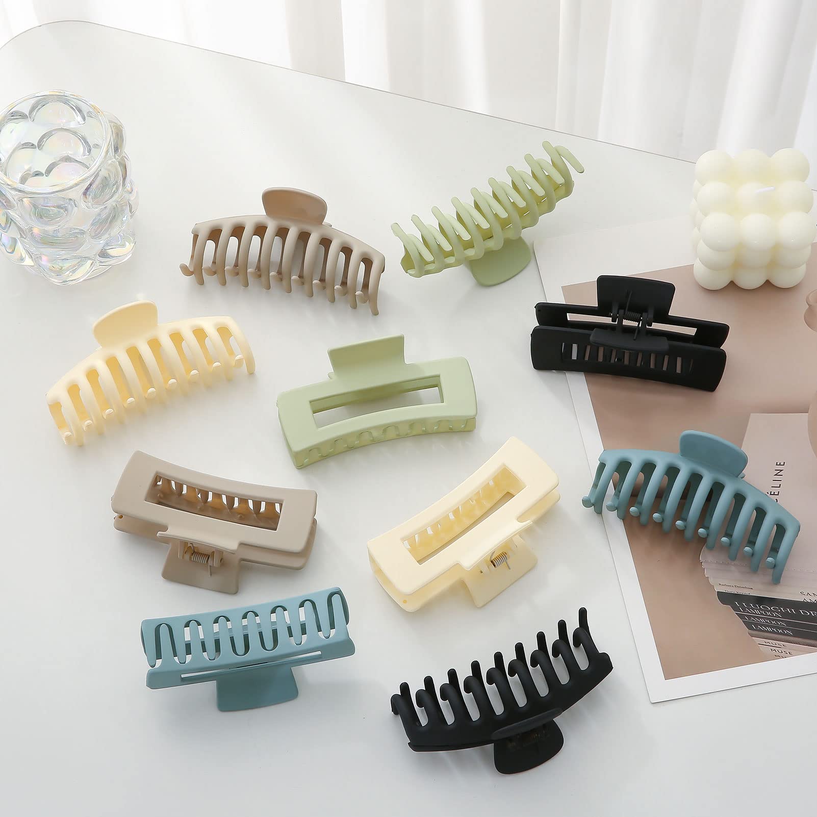 10 Pack Neutral Hair Claw Clips for Women, 4.1" Big, Large Rectangle Matte Hair Styling Accessories for Thick Hair.