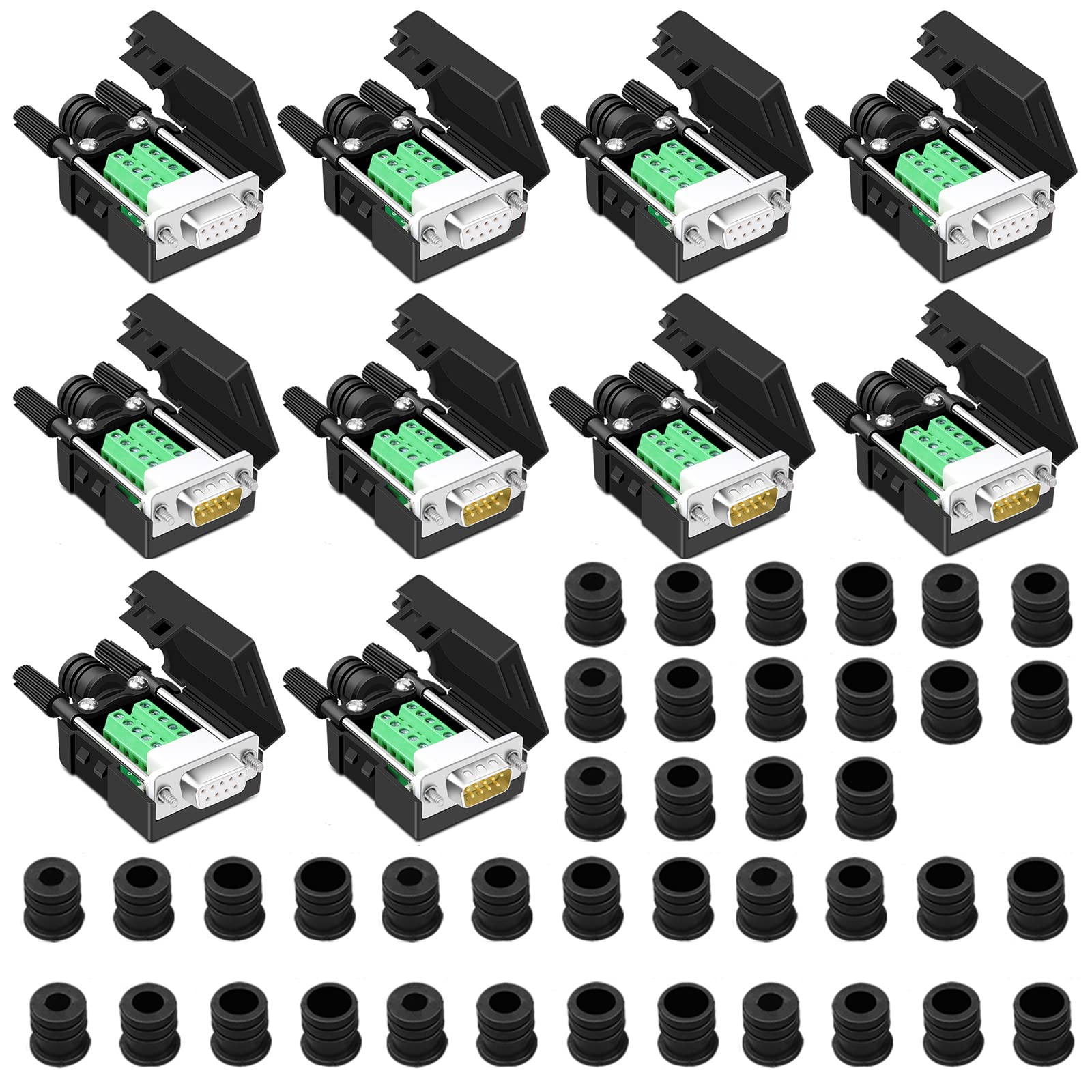 ANMBEST 10PCS DB9 Breakout Connector, 5PCS Male + 5PCS Female DB9 Solderless RS232 D-SUB Serial to 9-pin Port Terminal Adapter Connector Breakout Board with Case Long Bolts Tail Pipe