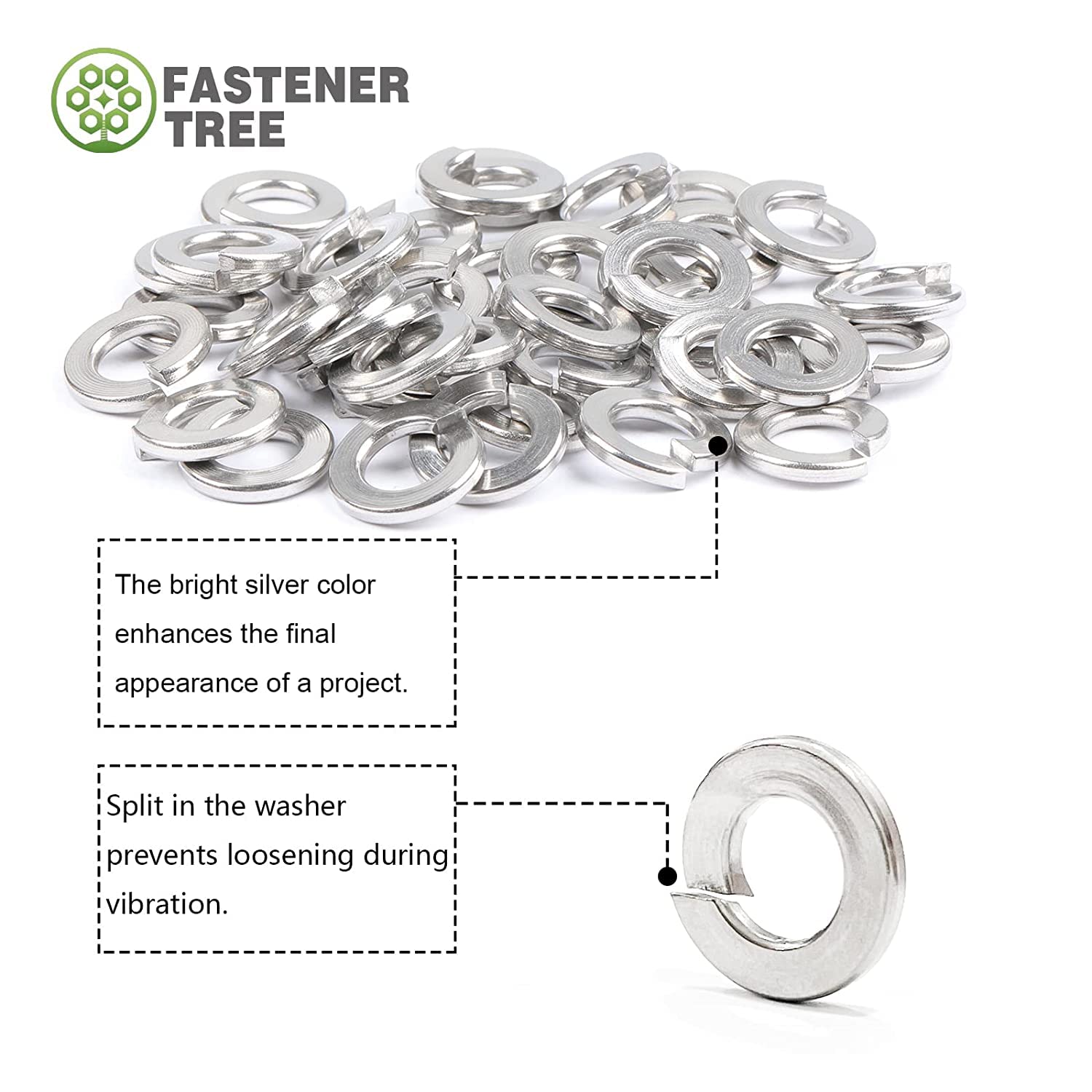 FASTENER TREE M10 Split Lock Washers, 304 Stainless Steel Spring Lock Washer for Bolts 50PCS