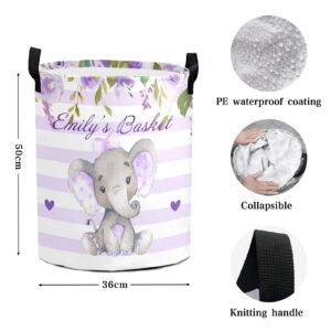 Grandkli Purple Elephant Floral Personalized Freestanding Laundry Hamper, Custom Waterproof Collapsible Drawstring Basket Storage Bins with Handle for Clothes, Toy, 50cm x 36cm