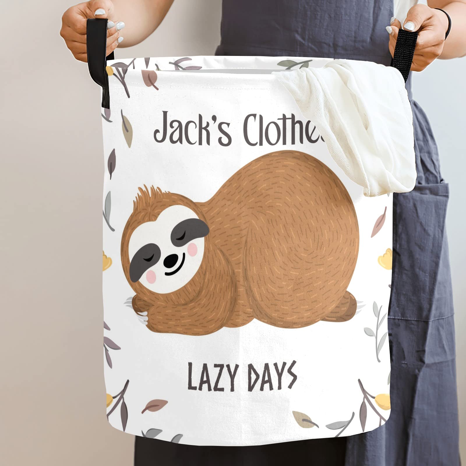 Grandkli Lazy Sloth Animal Personalized Freestanding Laundry Hamper, Custom Waterproof Collapsible Drawstring Basket Storage Bins with Handle for Clothes, Toy, 50cm x 36cm